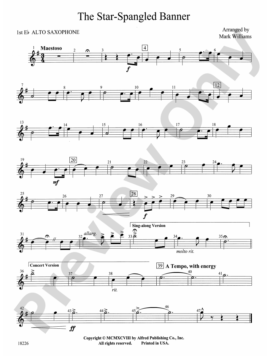 The Star Spangled Banner: E-flat Alto Saxophone: E-flat Alto Saxophone ...