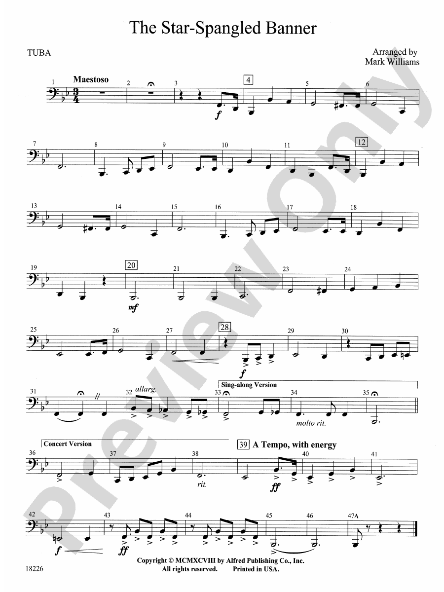 The Star Spangled Banner: Tuba: Tuba Part - Digital Sheet Music Download