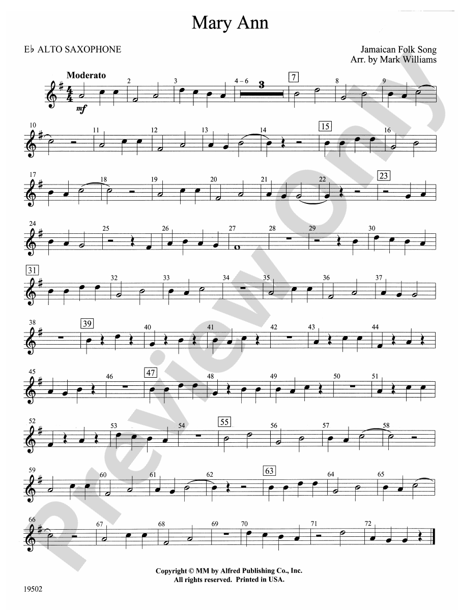 Mary Ann: E-flat Alto Saxophone: E-flat Alto Saxophone Part - Digital Sheet Music Download