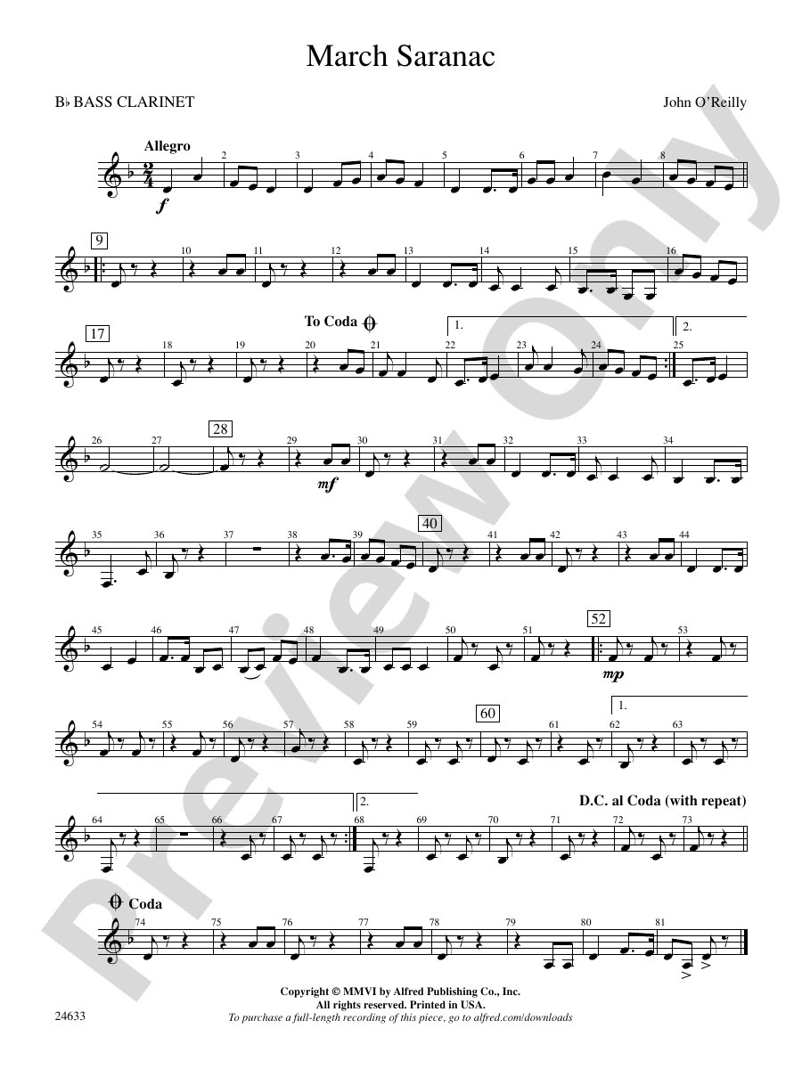 March Saranac: B-flat Bass Clarinet: B-flat Bass Clarinet Part ...