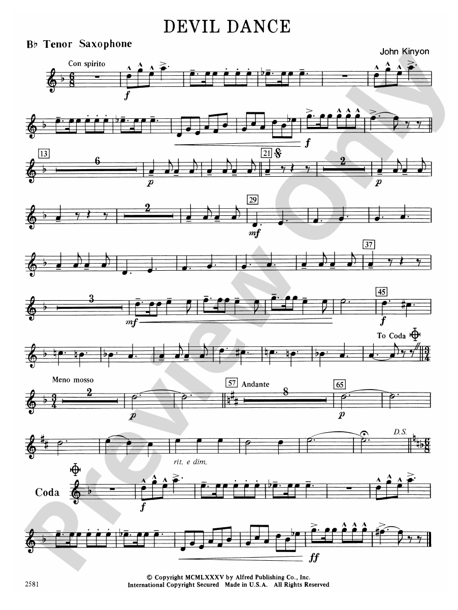 Devil Dance: B-flat Tenor Saxophone: B-flat Tenor Saxophone Part - Digital Sheet Music Download