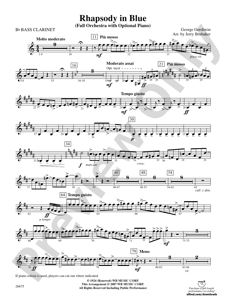 Rhapsody in Blue: B-flat Bass Clarinet: B-flat Bass Clarinet Part ...
