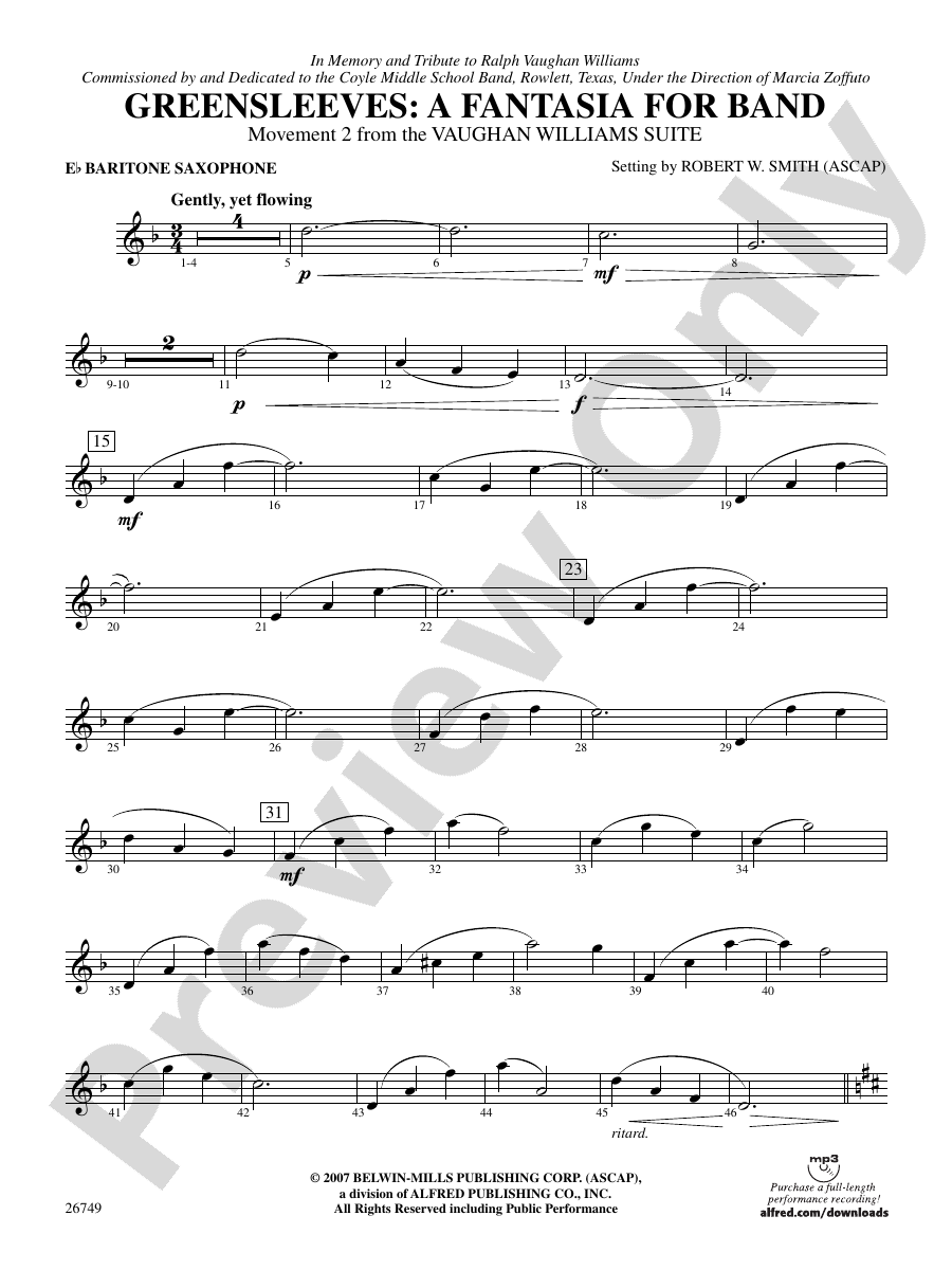 Greensleeves A Fantasia For Band E Flat Baritone Saxophone E Flat