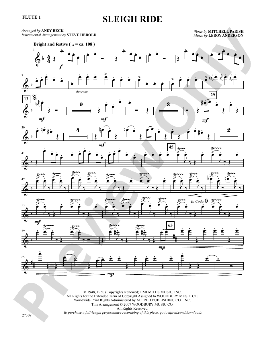 Sleigh Ride: Flute: Flute Part - Digital Sheet Music Download
