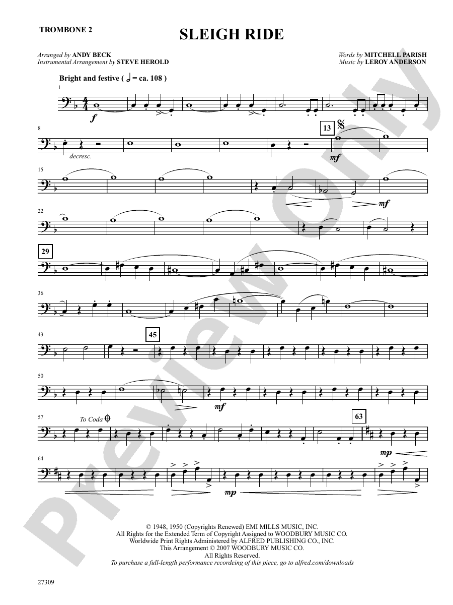 Sleigh Ride: 2nd Trombone: 2nd Trombone Part - Digital Sheet Music Download
