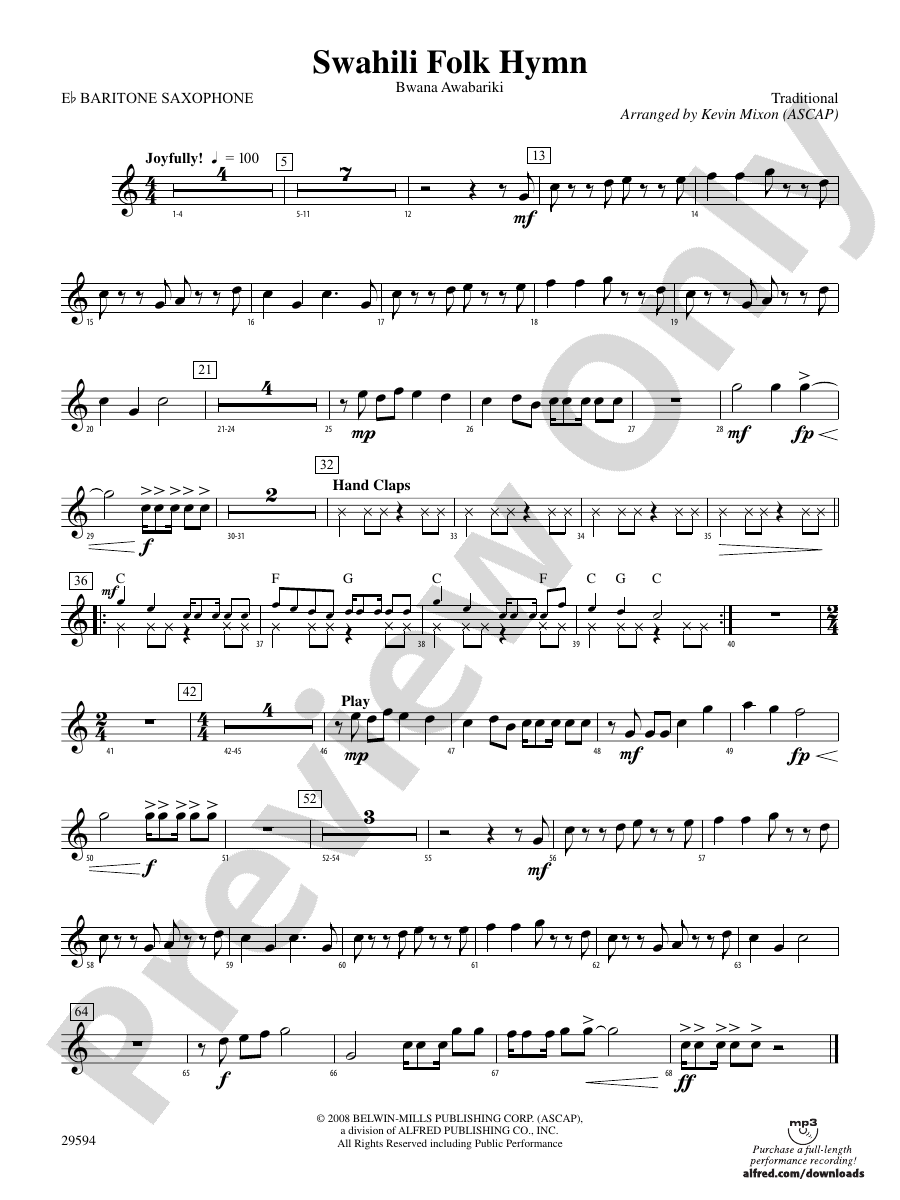 Swahili Folk Hymn (Bwana Awabariki): E-flat Baritone Saxophone: E-flat ...