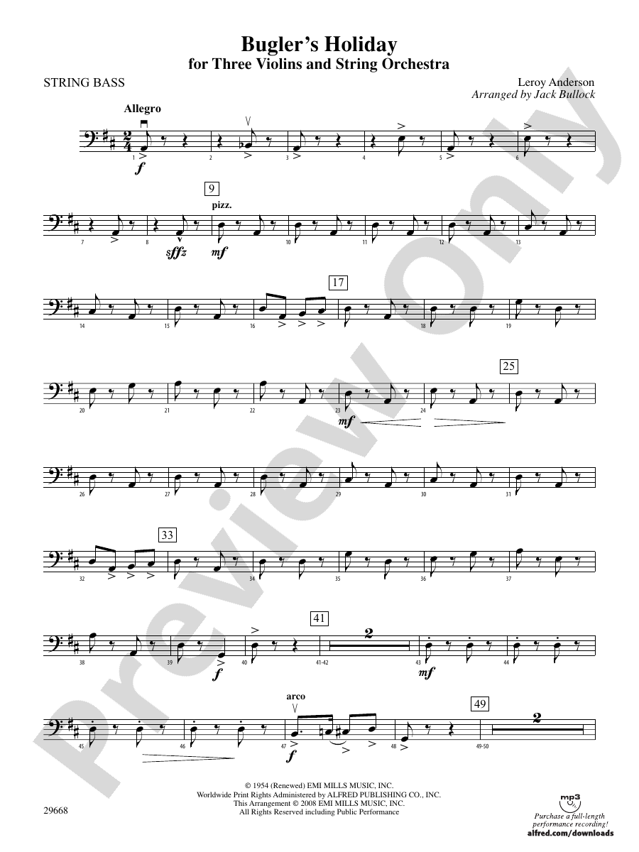Bugler's Holiday for Three Violins and String Orchestra: String Bass: String Bass Part - Digital ...