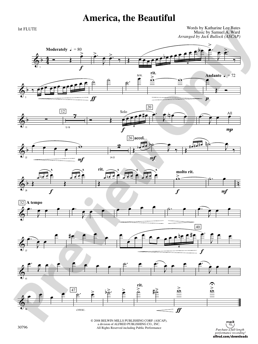 America, the Beautiful: Flute: Flute Part - Digital Sheet Music Download