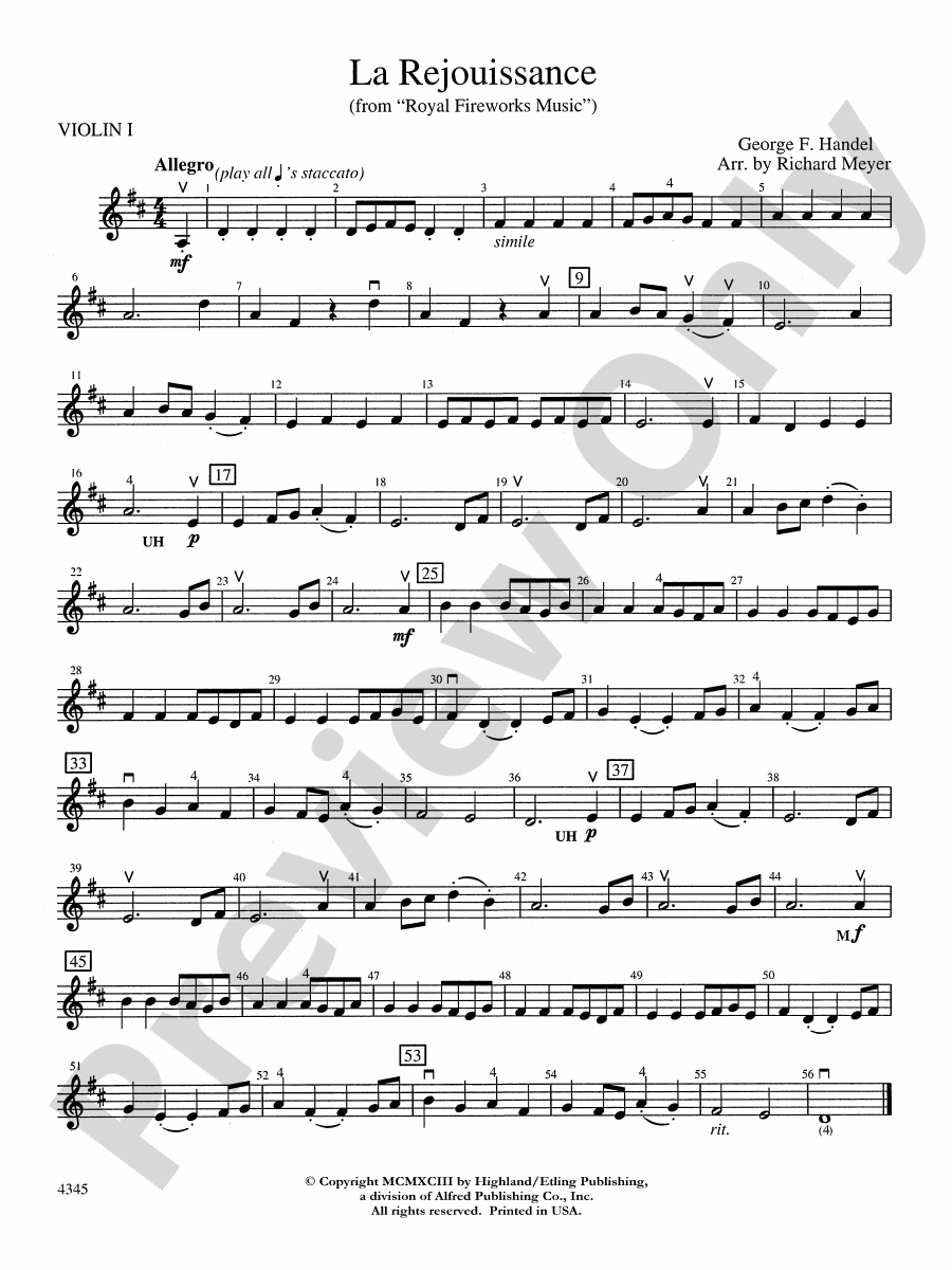 La Rejouissance from the "Royal Fireworks Music": 1st Violin: 1st ...