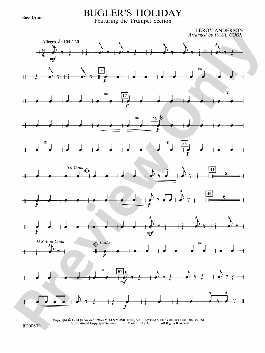 Bugler's Holiday (featuring the Trumpet Section): Bass Drum: Bass Drum Part - Digital Sheet ...
