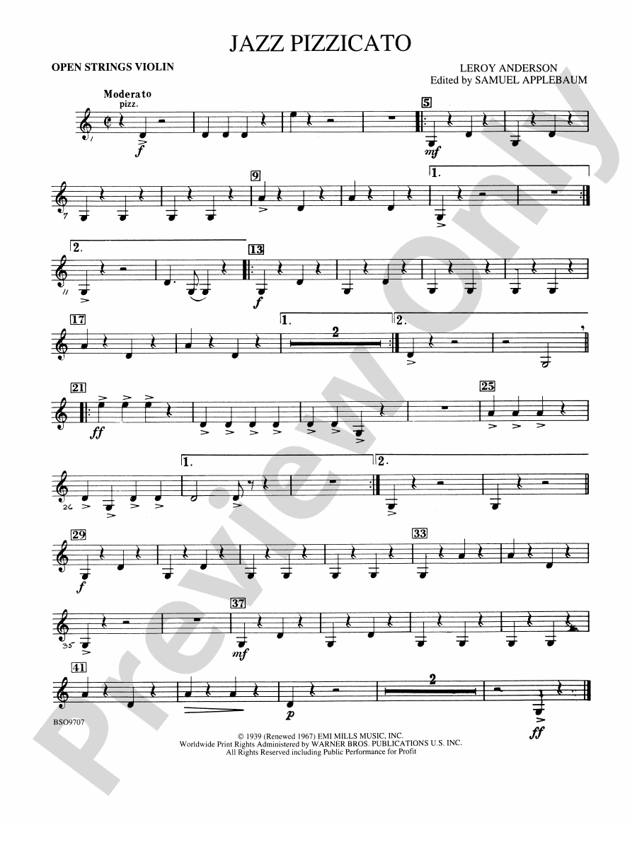 Jazz Pizzicato: Open String Violin: Open String Violin Part - Digital Sheet Music Download