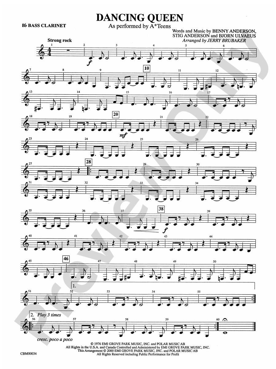 Dancing Queen: B-flat Bass Clarinet: B-flat Bass Clarinet Part ...