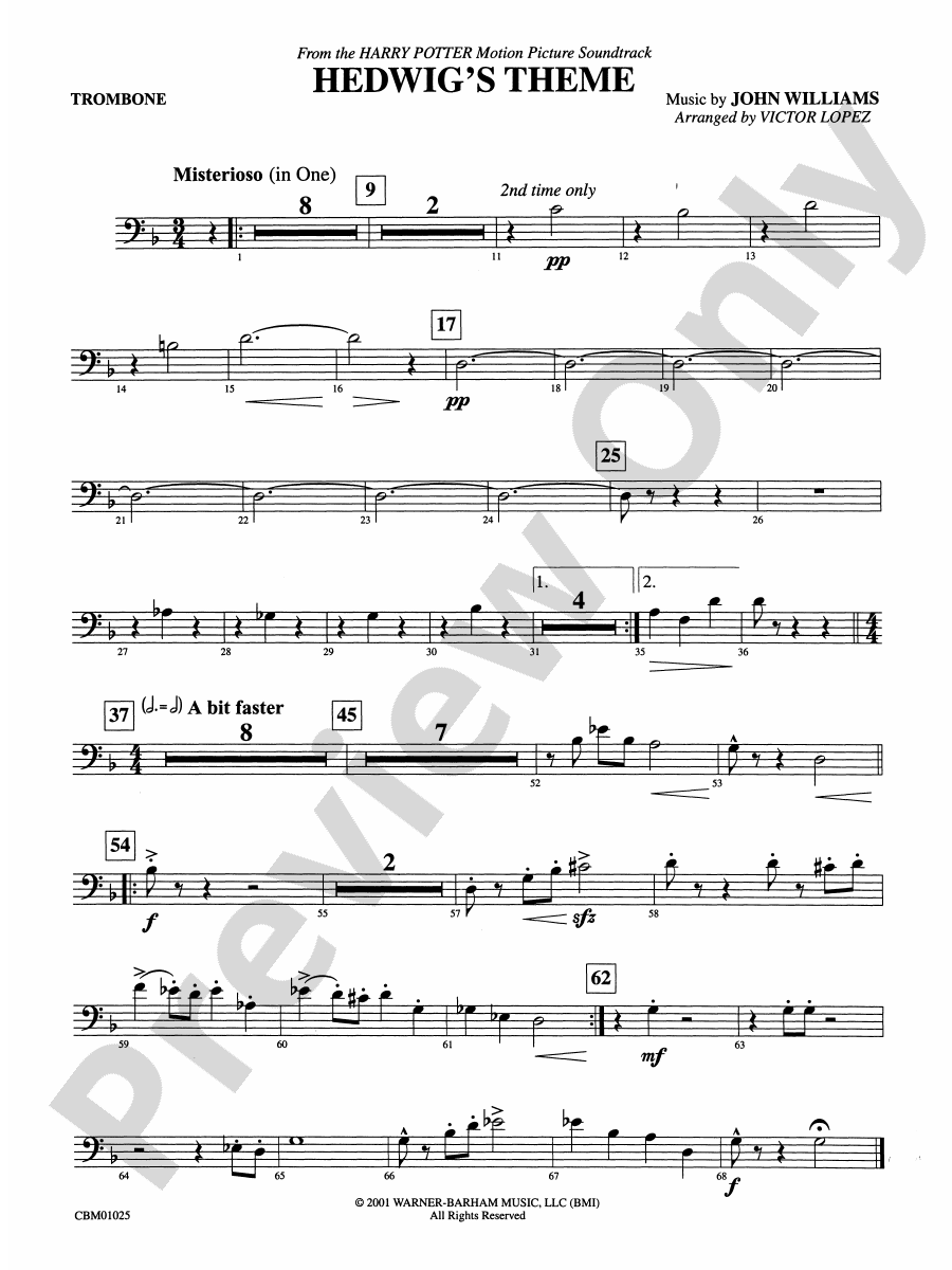 Hedwig's Theme (from Harry Potter): 1st Trombone: 1st Trombone Part ...