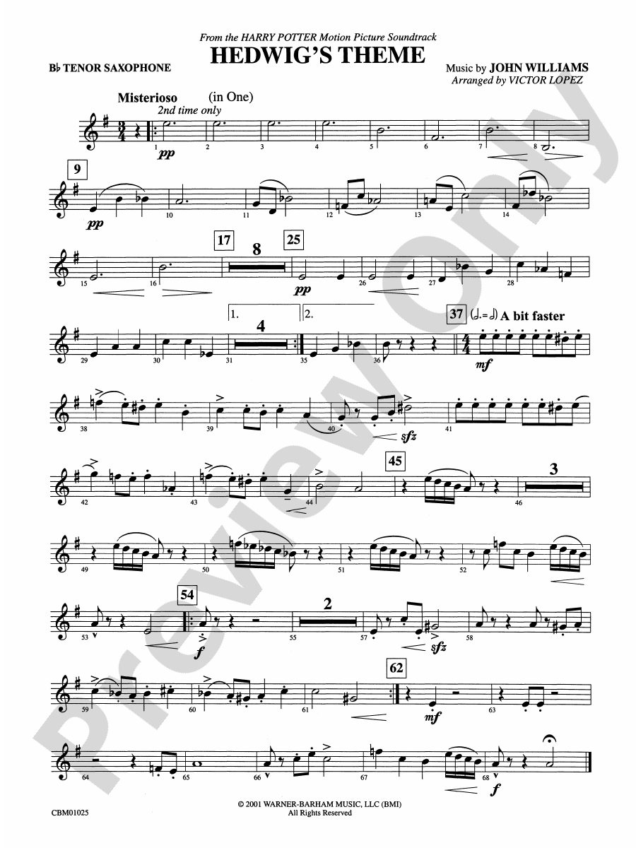 Hedwig's Theme (from Harry Potter): B-flat Tenor Saxophone: B-flat ...