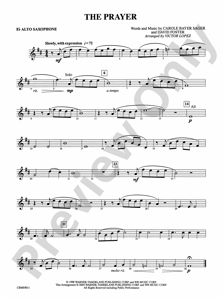 The Prayer: E-flat Alto Saxophone: E-flat Alto Saxophone Part - Digital ...