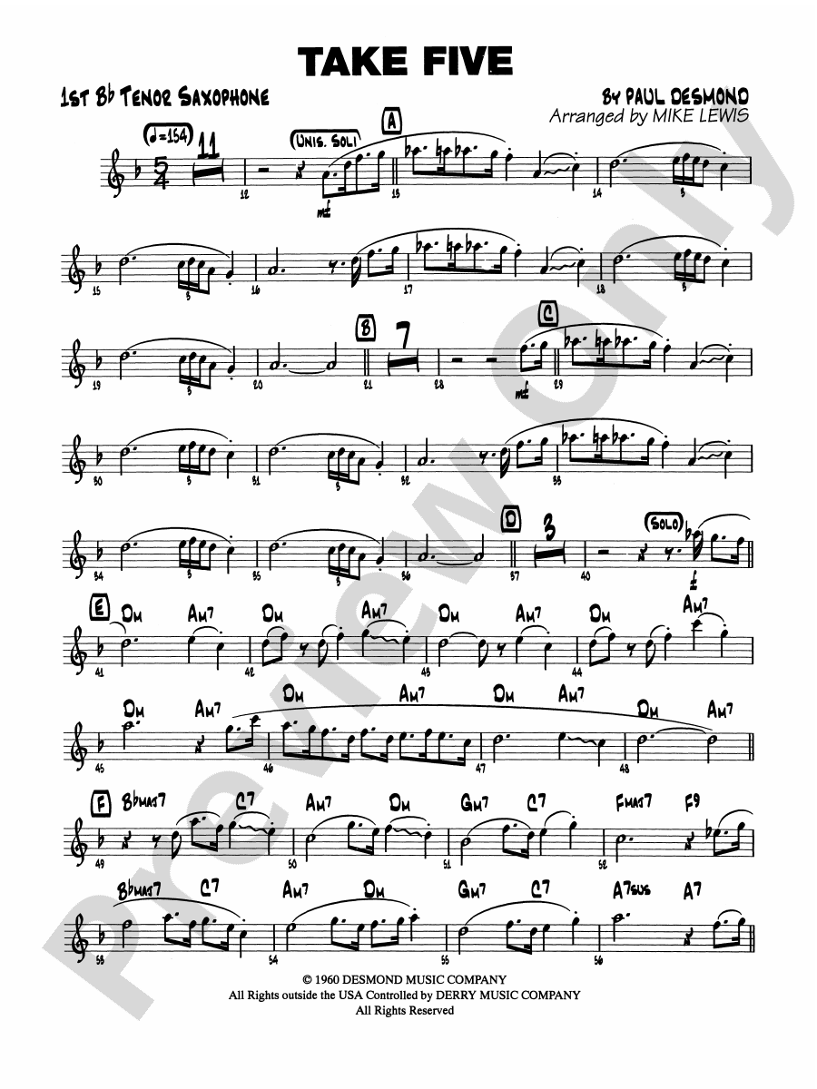 Take Five: B-flat Tenor Saxophone: B-flat Tenor Saxophone Part - Digital Sheet Music Download