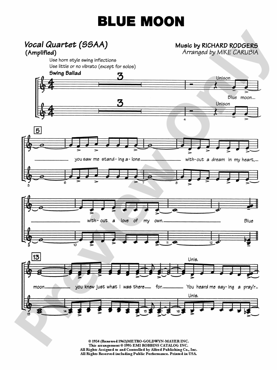 Blue Moon: SSAA Vocals: SSAA Vocals Part - Digital Sheet Music Download