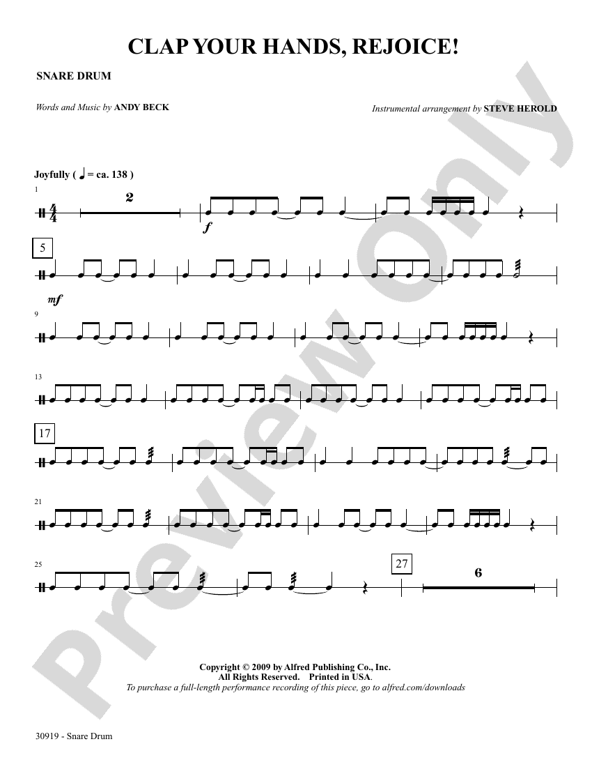 Clap Your Hands, Rejoice!: Snare Drum: Snare Drum Part - Digital Sheet ...