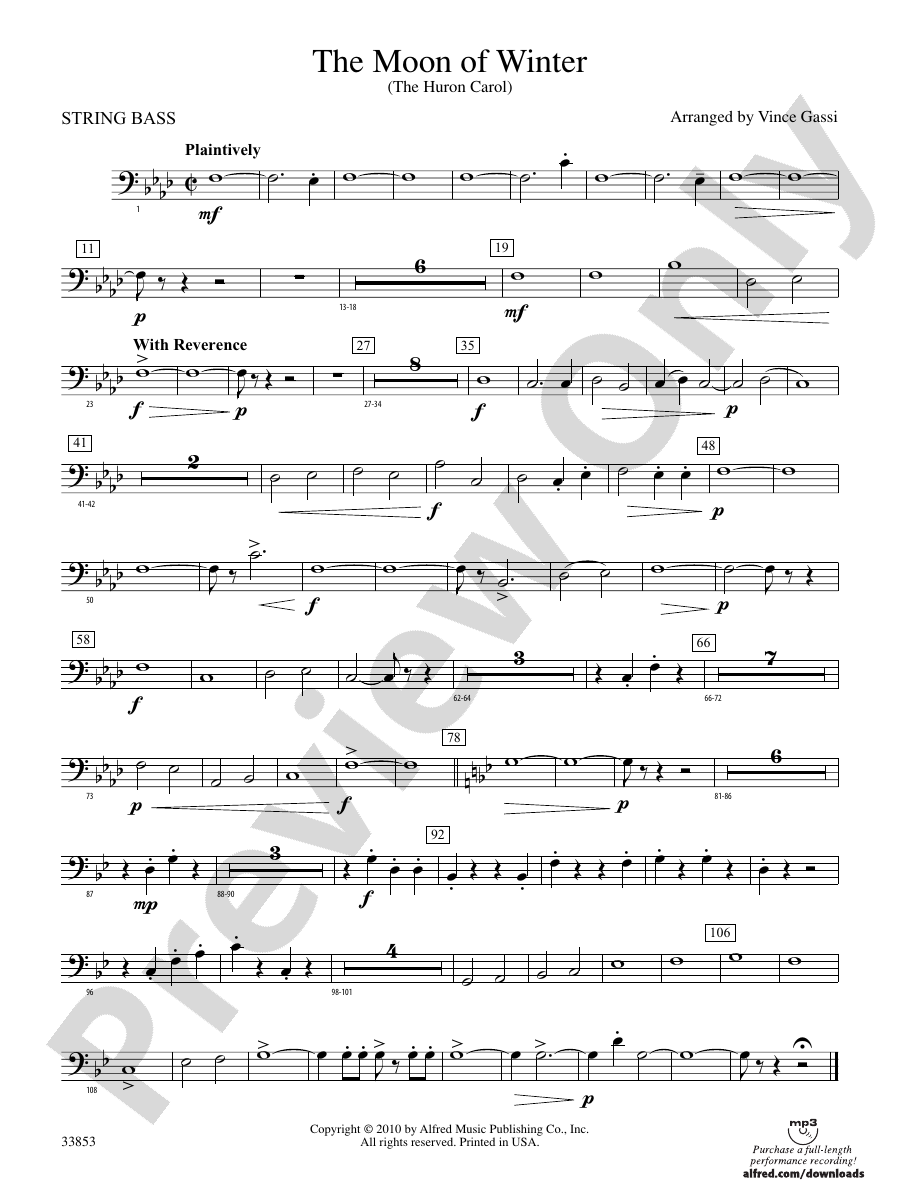 The Moon of Winter (The Huron Carol): (wp) String Bass: (wp) String Bass World Part - Digital ...
