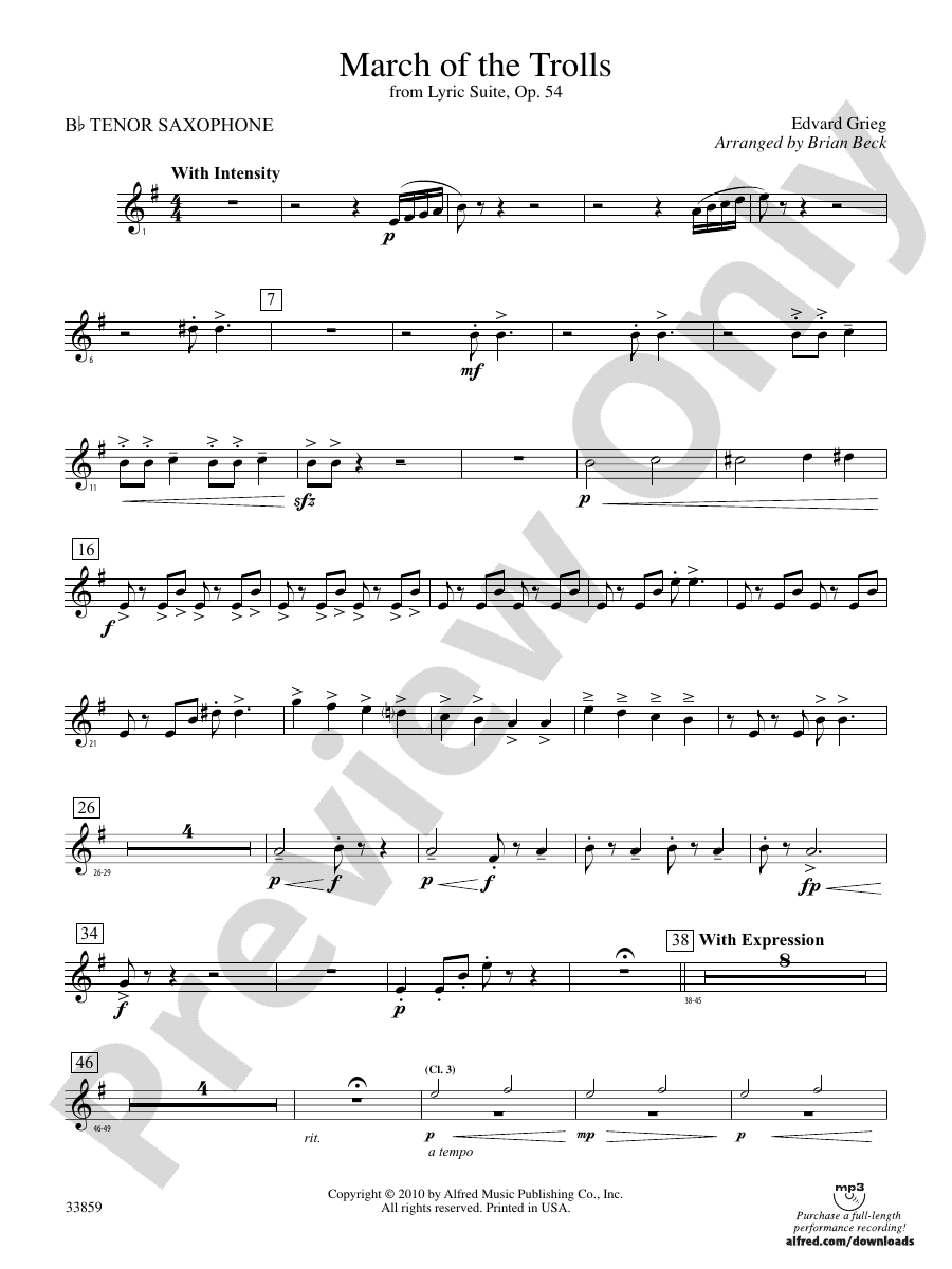 March of the Trolls: B-flat Tenor Saxophone: B-flat Tenor Saxophone Part - Digital Sheet Music ...