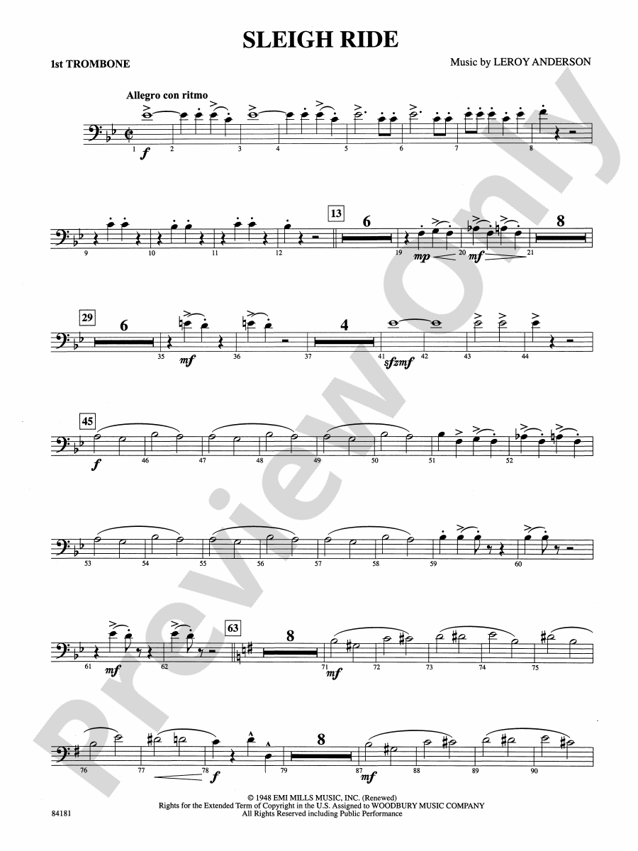 Sleigh Ride: 1st Trombone: 1st Trombone Part - Digital Sheet Music Download