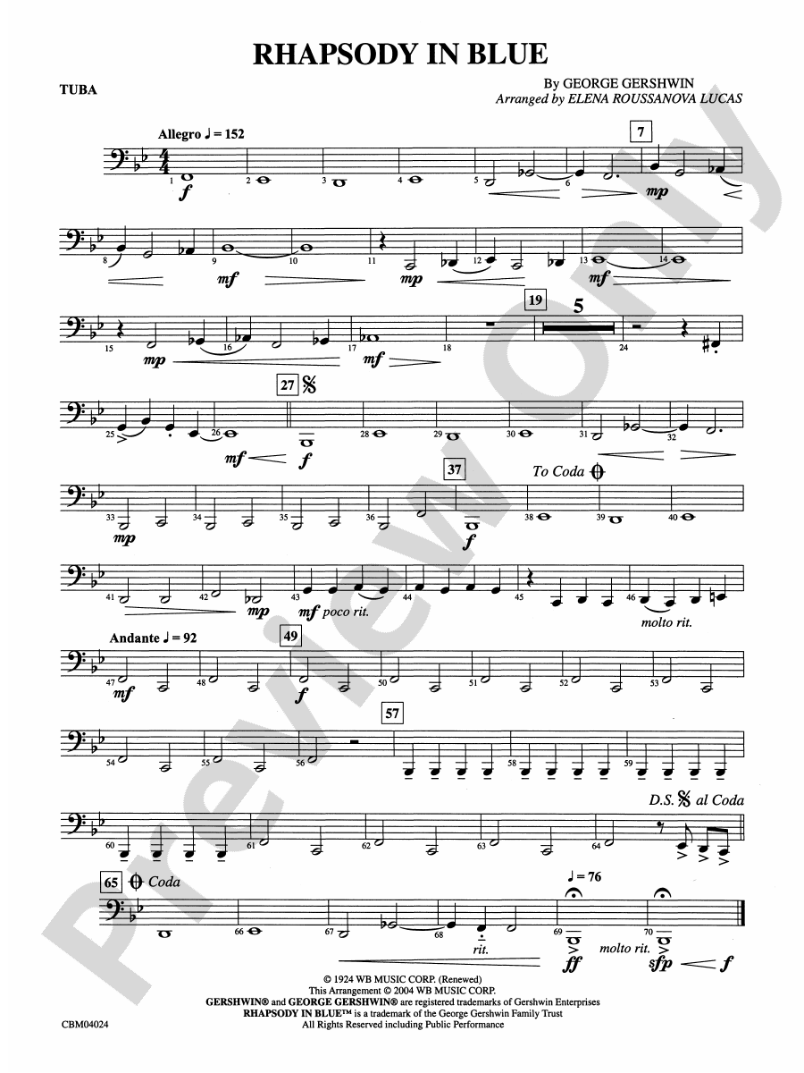 Rhapsody in Blue™: Tuba: Tuba Part - Digital Sheet Music Download