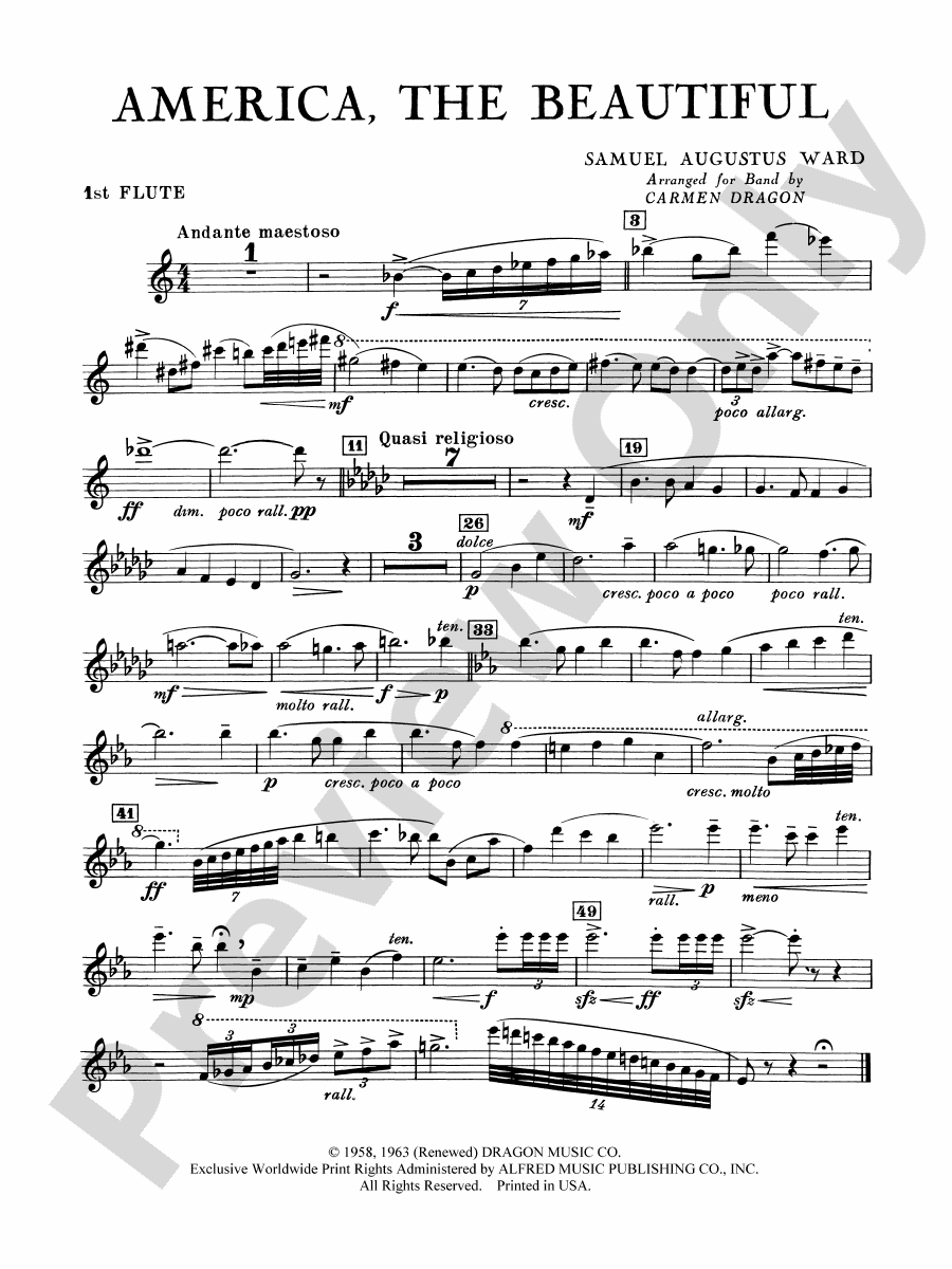 America the Beautiful: Flute: Flute Part - Digital Sheet Music Download