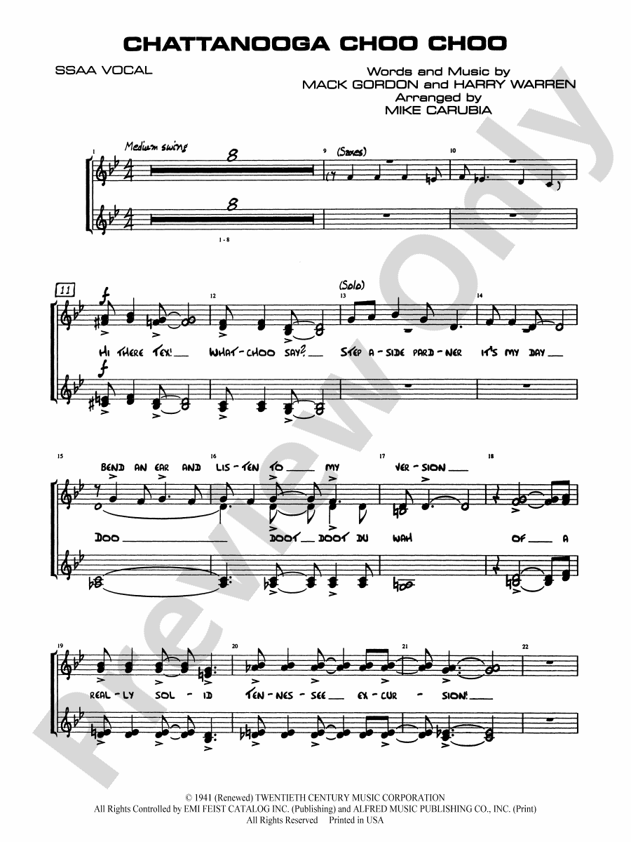 Chattanooga Choo Choo: SSAA Vocals: SSAA Vocals Part - Digital Sheet ...