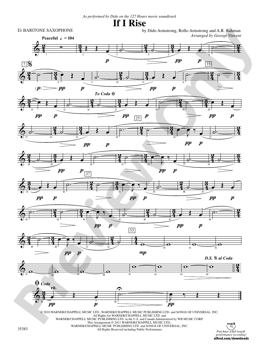 If I Rise: E-flat Baritone Saxophone: E-flat Baritone Saxophone Part - Digital Sheet Music Download
