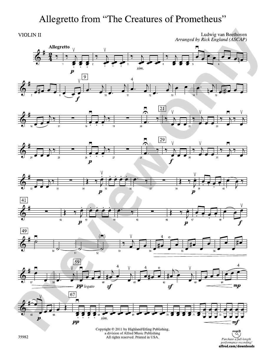 Allegretto from The Creatures of Prometheus: 2nd Violin: 2nd Violin ...