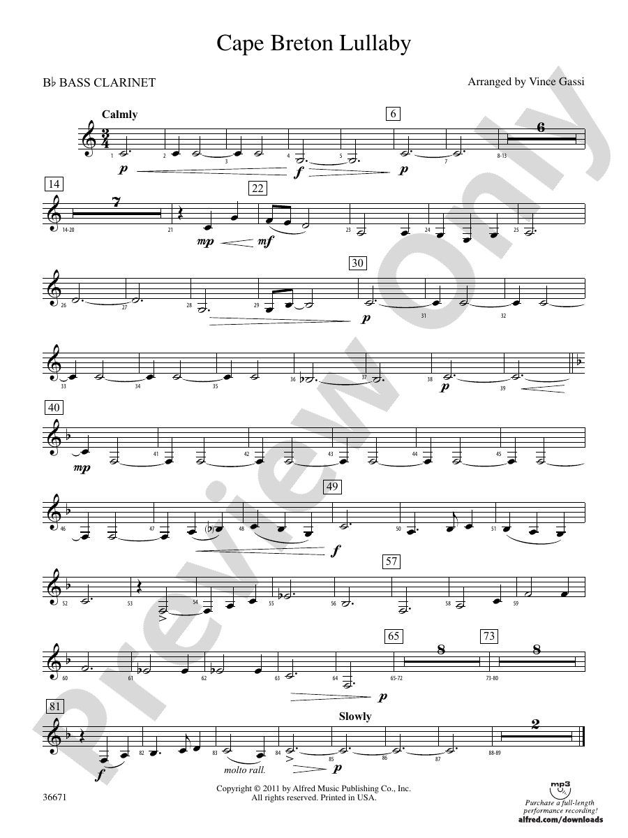 Cape Breton Lullaby: B-flat Bass Clarinet: B-flat Bass Clarinet Part ...