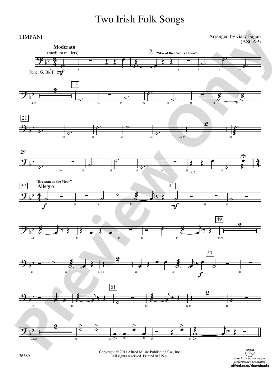 Two Irish Folk Songs: Timpani: Timpani Part - Digital Sheet Music Download