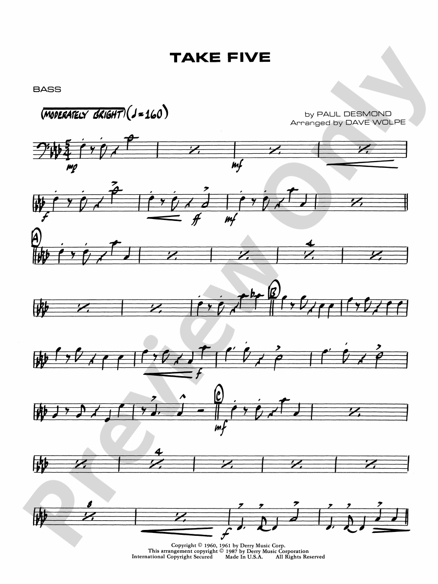 Take Five: String Bass: String Bass Part - Digital Sheet Music Download