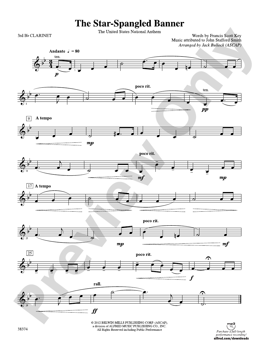 The Star-Spangled Banner: 3rd B-flat Clarinet: 3rd B-flat Clarinet Part ...