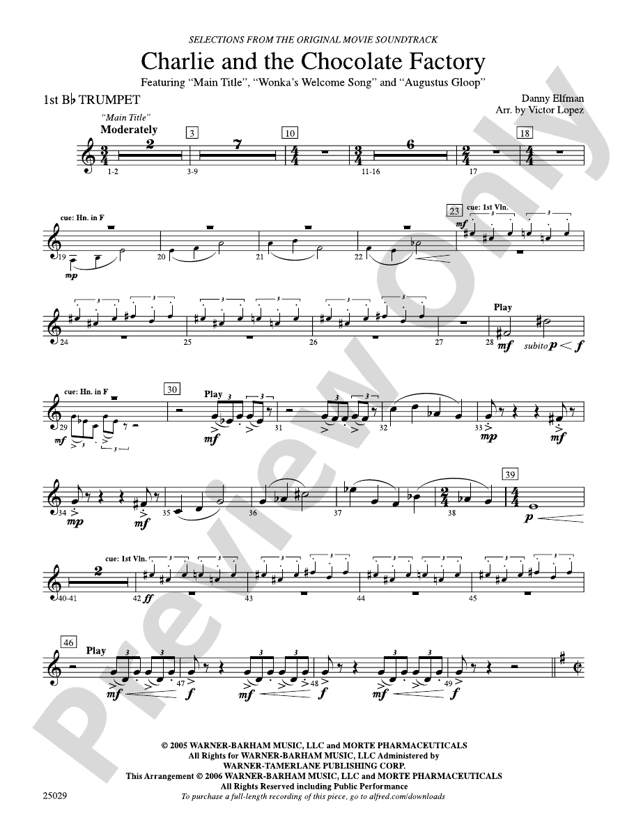 Charlie and the Chocolate Factory, Selections from: 1st B-flat Trumpet ...