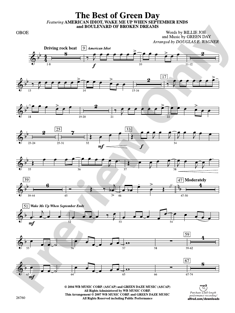 The Best of Green Day: Oboe: Oboe Part - Digital Sheet Music Download