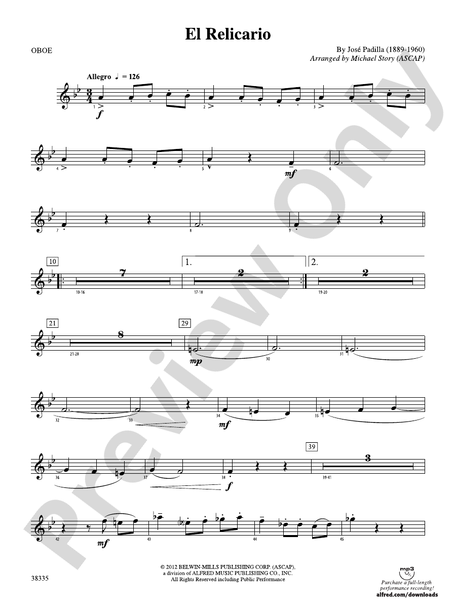 El Relicario: Oboe: Oboe Part - Digital Sheet Music Download