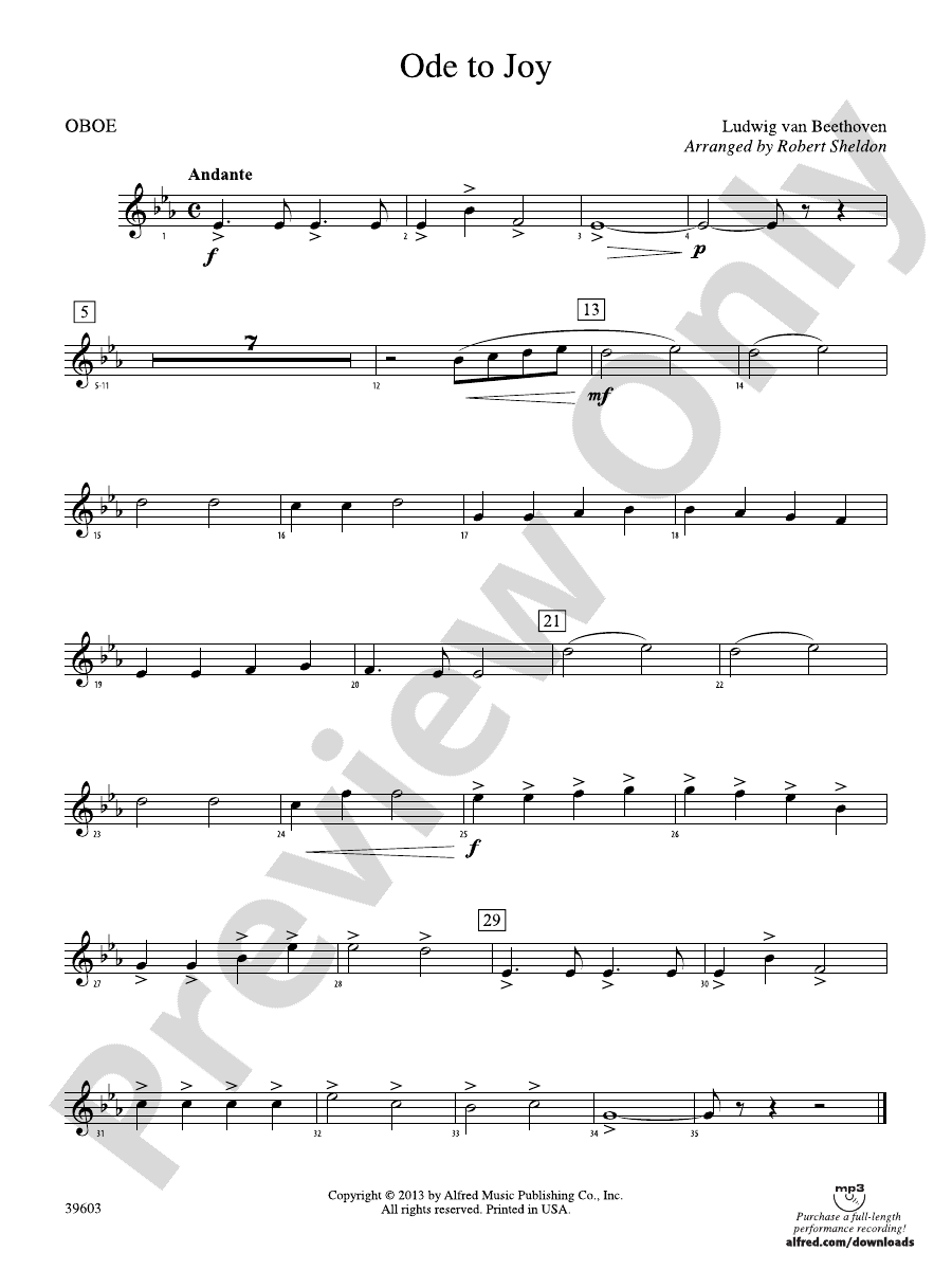 Ode to Joy: Oboe: Oboe Part - Digital Sheet Music Download
