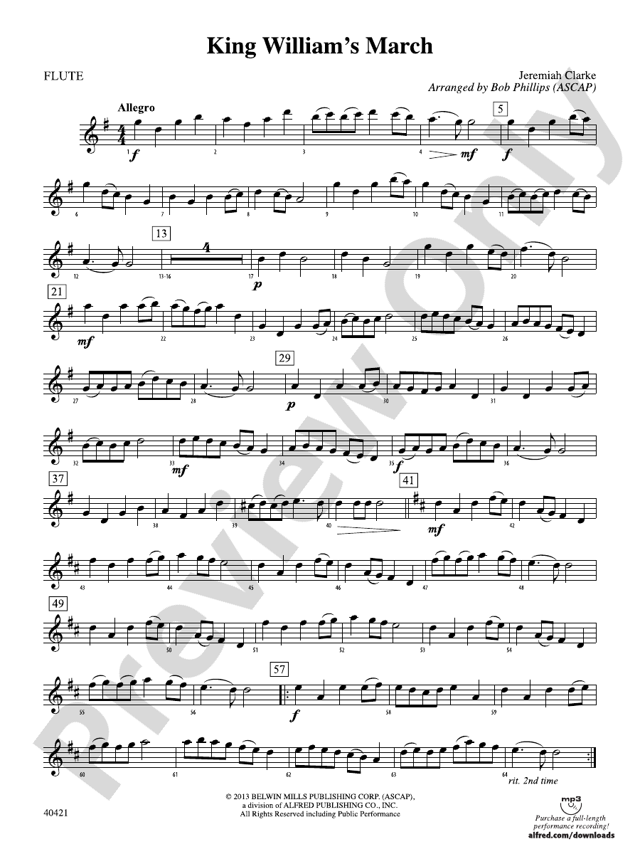 King William's March: Flute: Flute Part - Digital Sheet Music Download