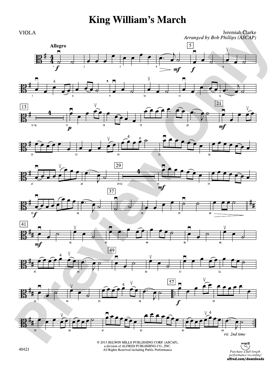 King William's March: Viola: Viola Part - Digital Sheet Music Download