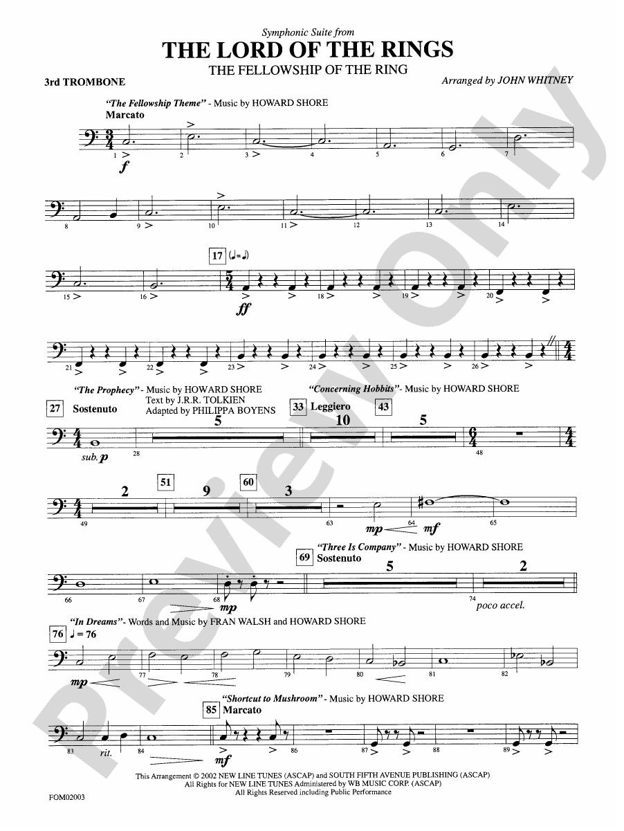 The Lord of the Rings: The Fellowship of the Ring, Symphonic Suite from: 3rd Trombone: 3rd ...