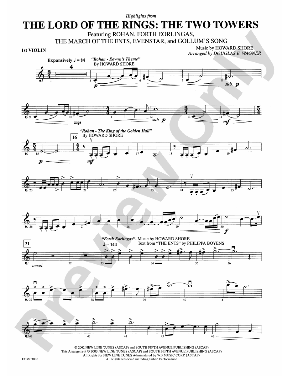 The Lord of the Rings: The Two Towers, Highlights from: 1st Violin: 1st ...