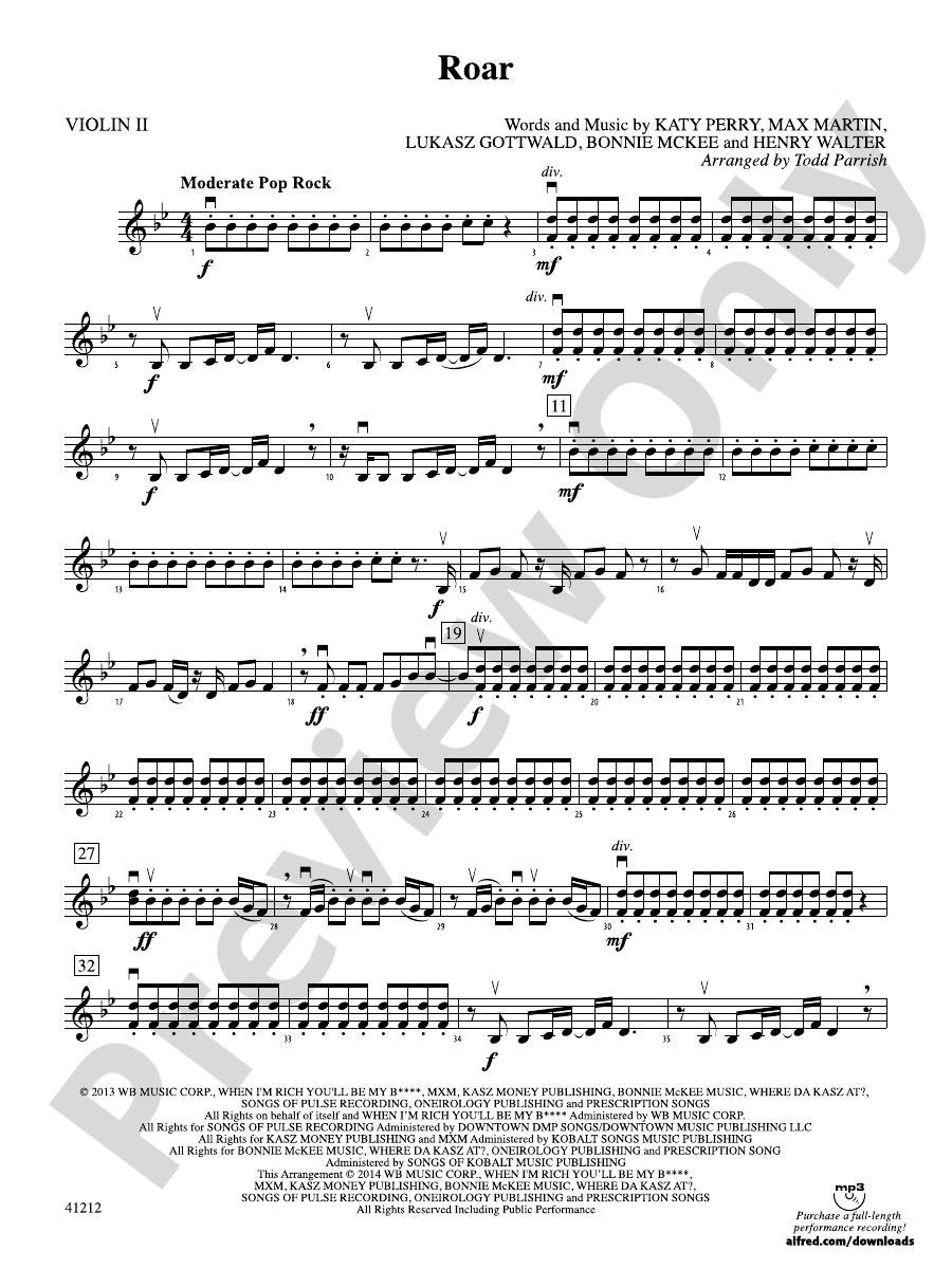 Roar: 2nd Violin: 2nd Violin Part - Digital Sheet Music Download