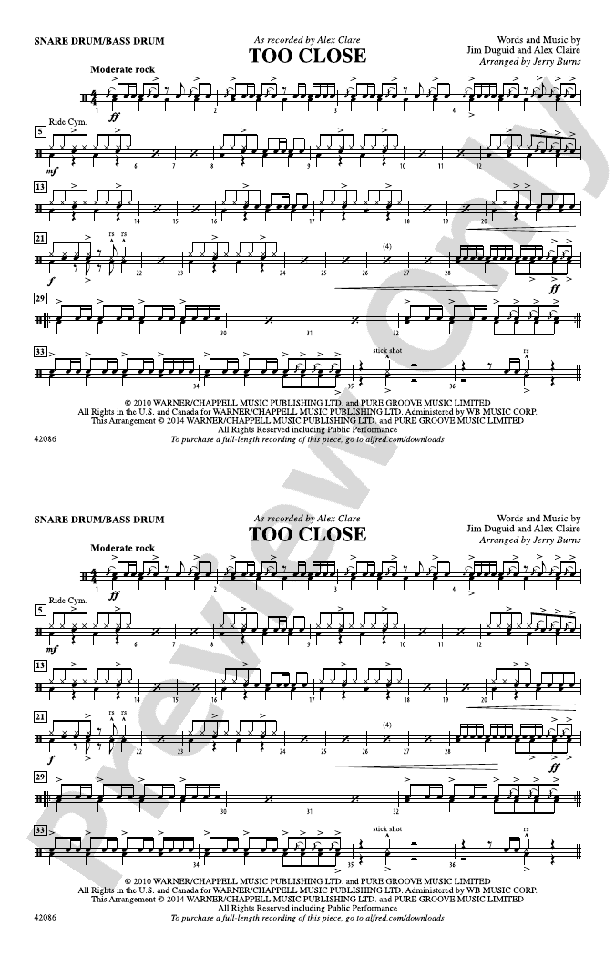 Too Close: Snare Drum/Bass Drum: Snare Drum/Bass Drum Part - Digital ...