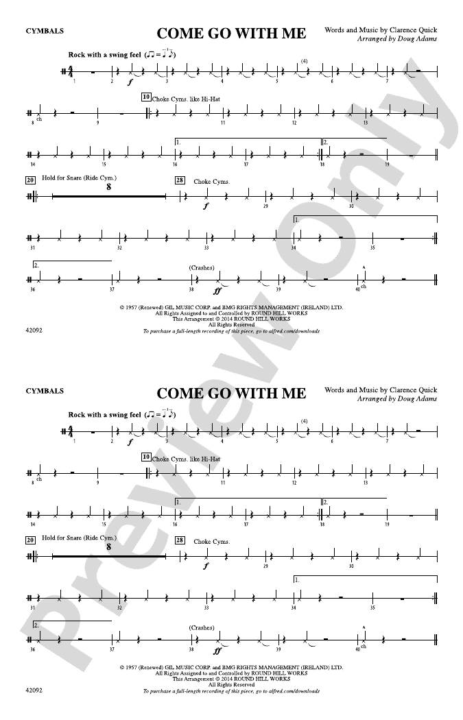 Come Go with Me: Cymbals: Cymbals Part - Digital Sheet Music Download