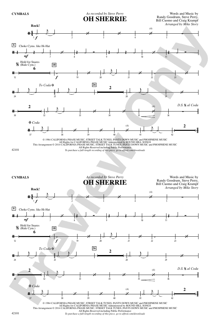 Oh Sherrie: Cymbals: Cymbals Part - Digital Sheet Music Download