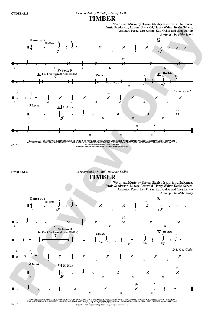 Timber: Cymbals: Cymbals Part - Digital Sheet Music Download