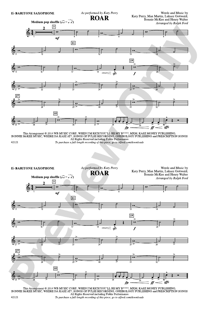 Roar E Flat Baritone Saxophone E Flat Baritone Saxophone Part