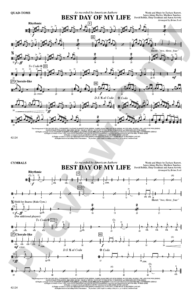 Best Day of My Life: Quad-Toms: Quad-Toms Part - Digital Sheet Music ...