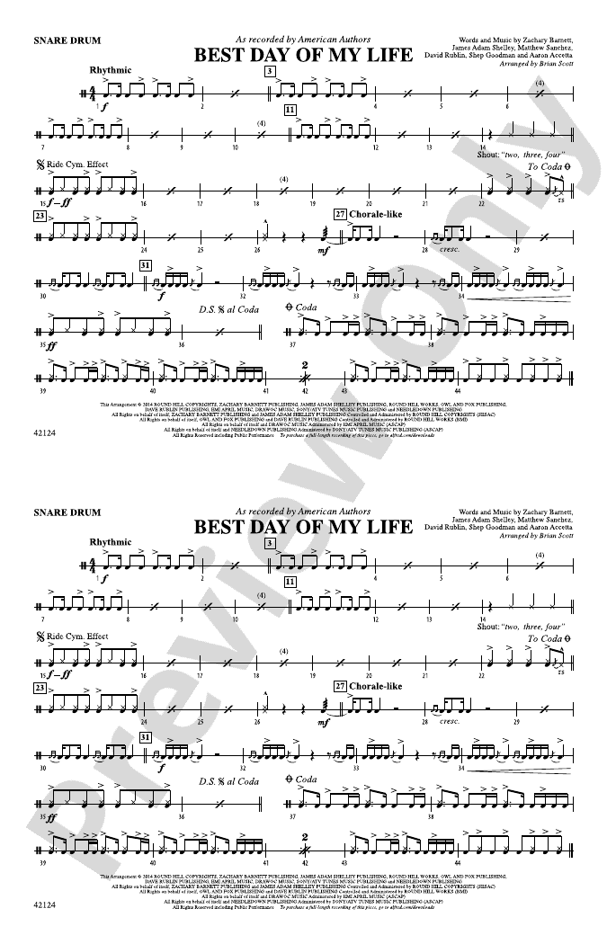 Best Day of My Life: Snare Drum: Snare Drum Part - Digital Sheet Music ...